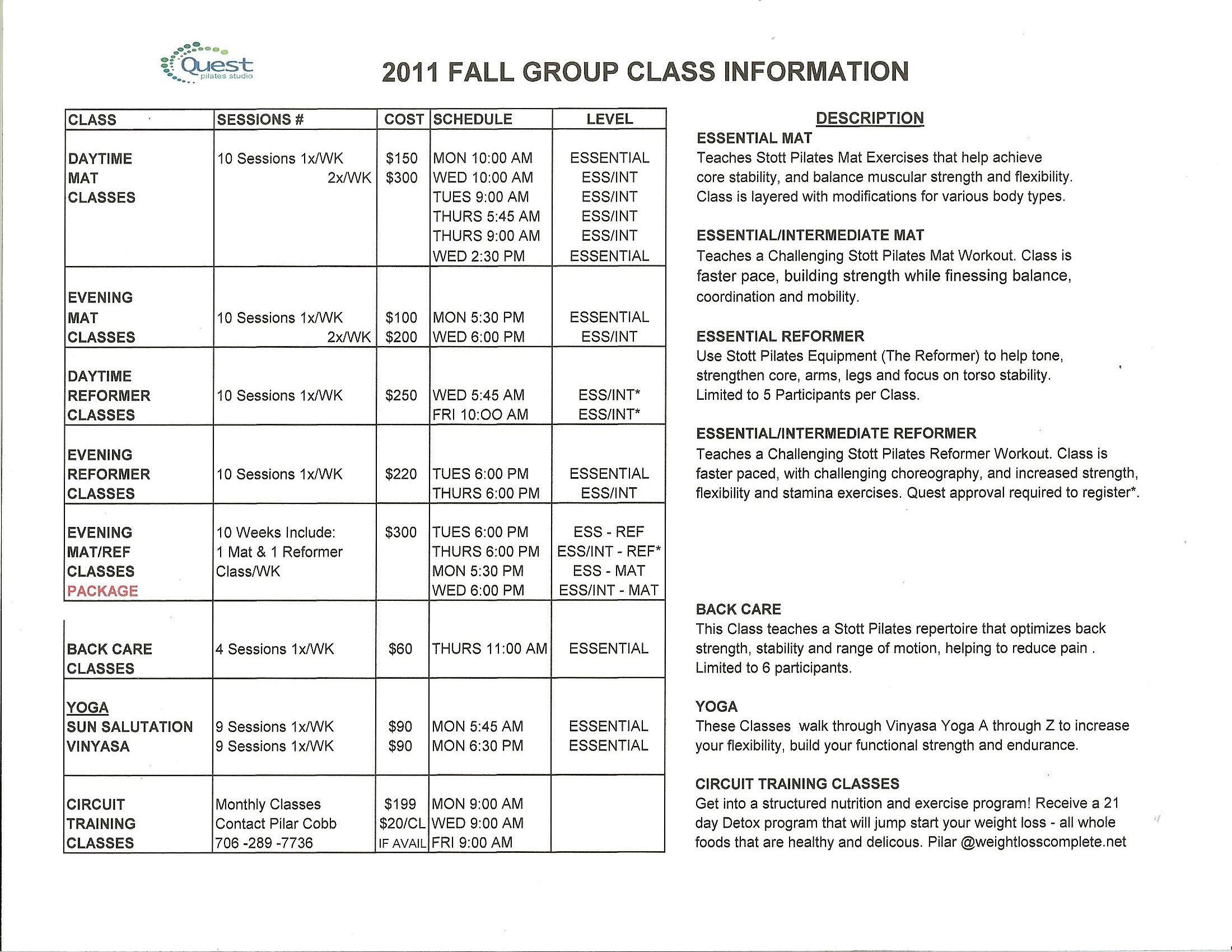 EMAIL CLASS CHART – Quest Pilates Studio | Columbus Georgia
